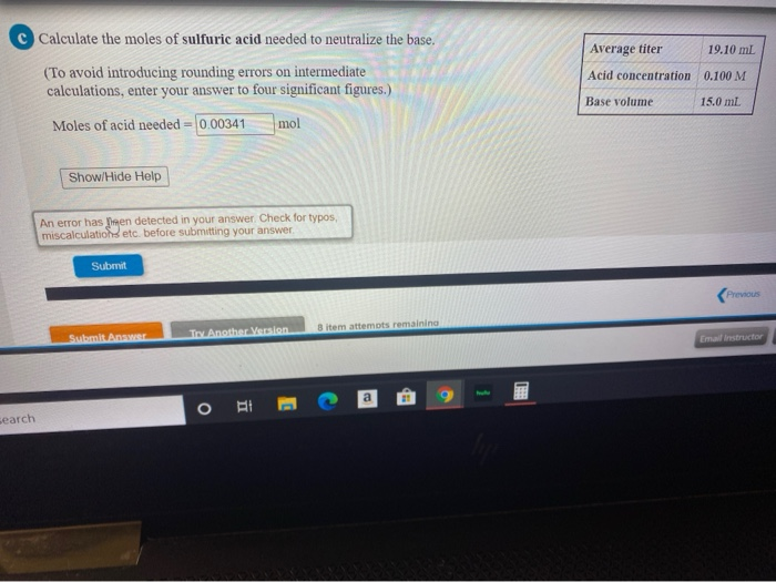 Solved Average titer 19.10 ml Calculate the moles of | Chegg.com