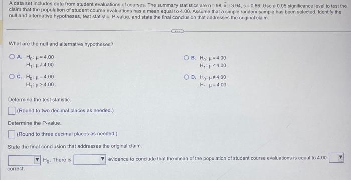 Solved A data set includes data from student evaluations of | Chegg.com