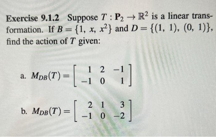 Solved Exercise 9.1.2 Suppose T:P2→R2 is a linear | Chegg.com