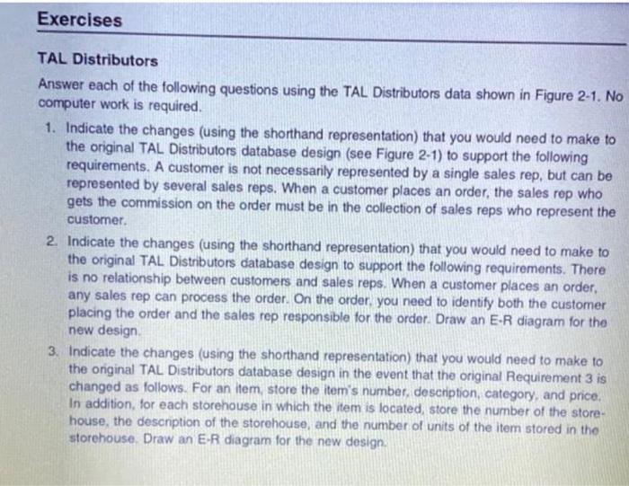 Solved Exercises TAL Distributors Answer each of the | Chegg.com