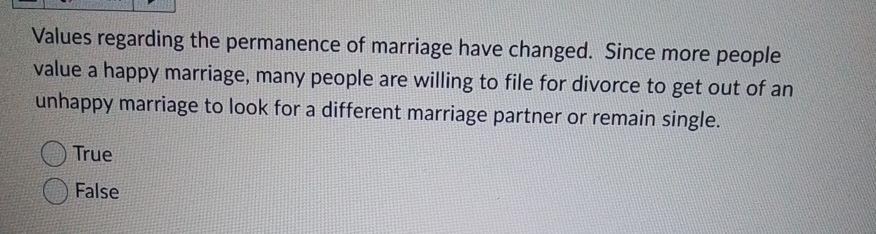 Solved Values regarding the permanence of marriage have | Chegg.com
