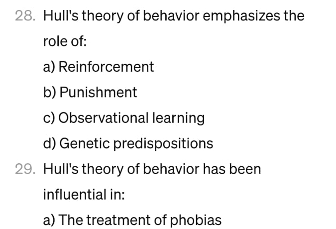 Solved Hull's theory of behavior emphasizes the role of:a) | Chegg.com
