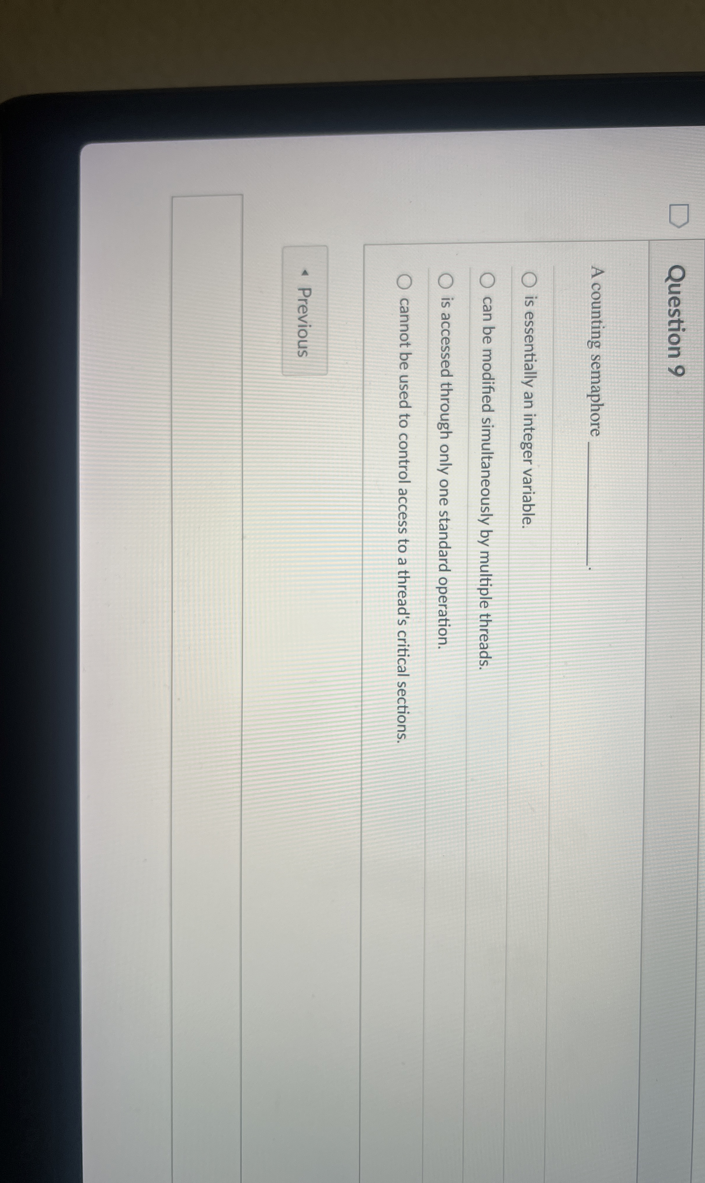 Solved Question 9A counting semaphore ﻿is essentially an | Chegg.com