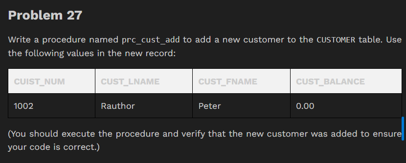 Solved Problem 27Write a procedure named prc_cust_add to add | Chegg.com