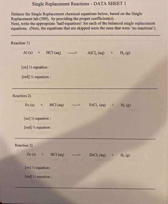 Solved Single Replacement Reactions - DATA SHEET 1 Balance | Chegg.com