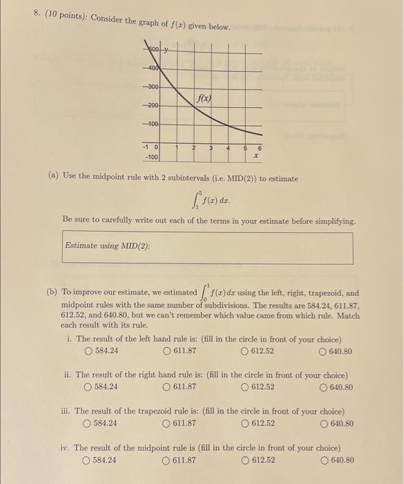 Solved 8. (10 points): Consider the graph of f(x) given | Chegg.com