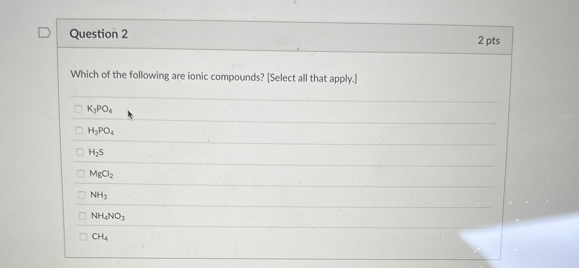 Solved Question 2Which of the following are ionic compounds? | Chegg.com