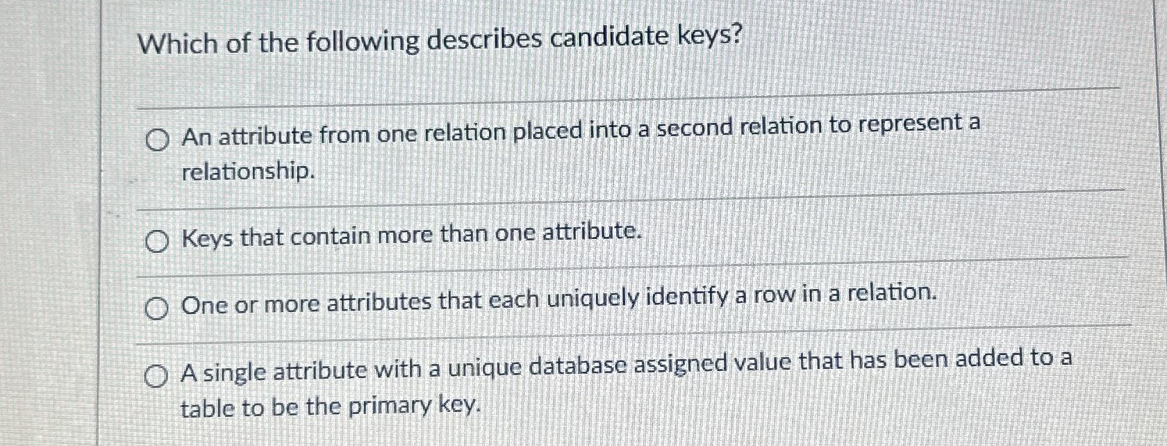 Solved Which of the following describes candidate keys?An | Chegg.com