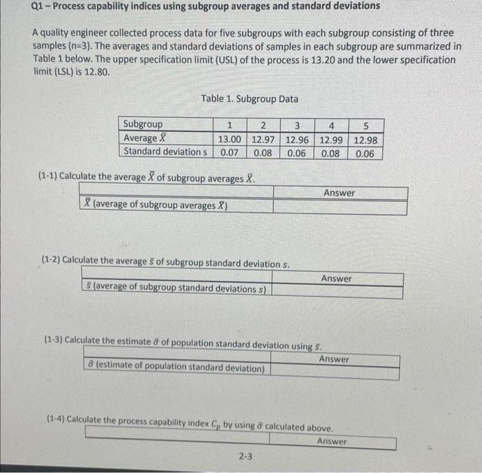 Solved Q1 - Process capability indices using subgroup | Chegg.com