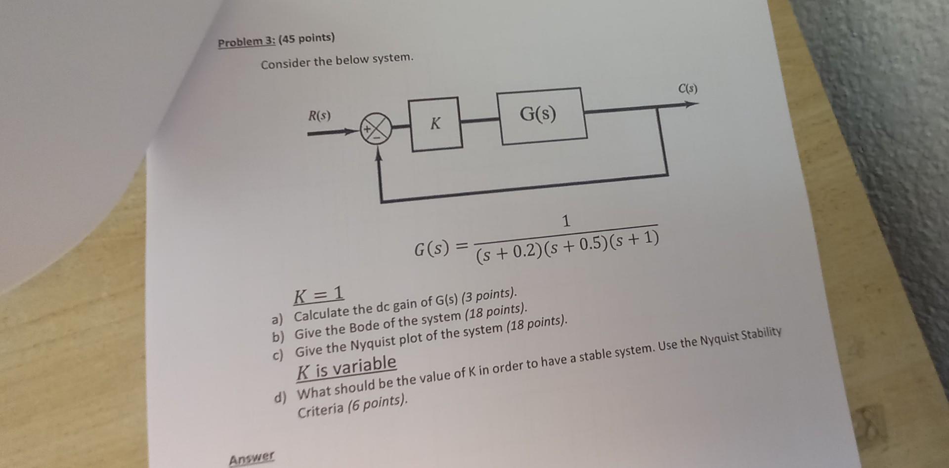 Solved Consider the below system. G(s)=(s+0.2)(s+0.5)(s+1)1 | Chegg.com