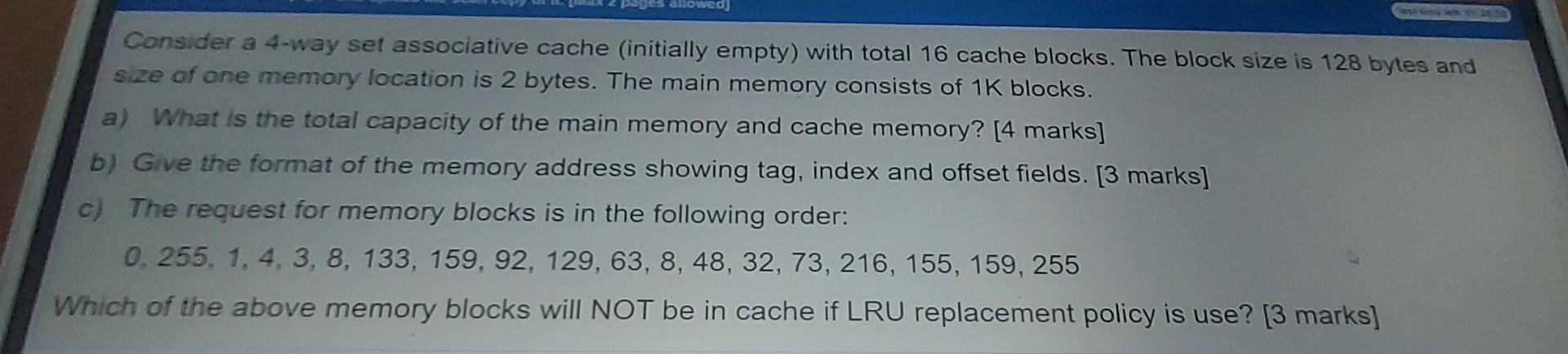 Solved peges allowed Consider a 4-way set associative cache | Chegg.com