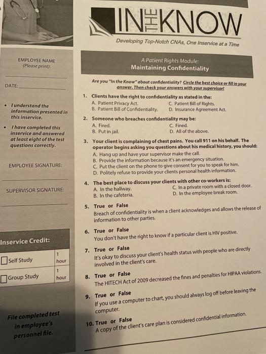 Solved IN KNOW Developing Top-Notch CNAs, One Inservice at a | Chegg.com