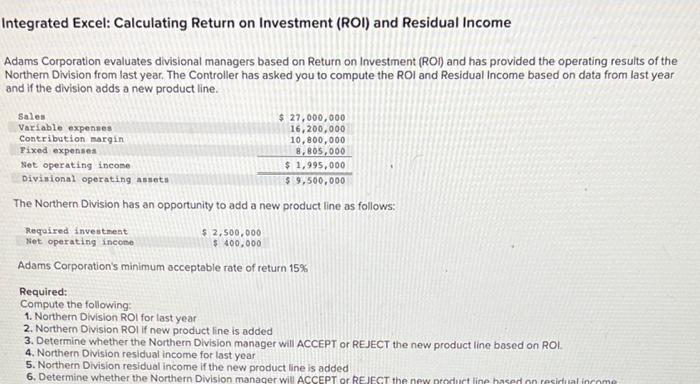 Solved ntegrated Excel: Calculating Return on Investment | Chegg.com