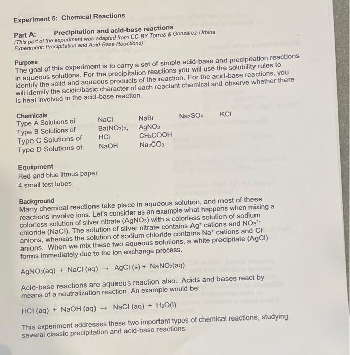 Solved Experiment 5: Chemical Reactions Part A: | Chegg.com