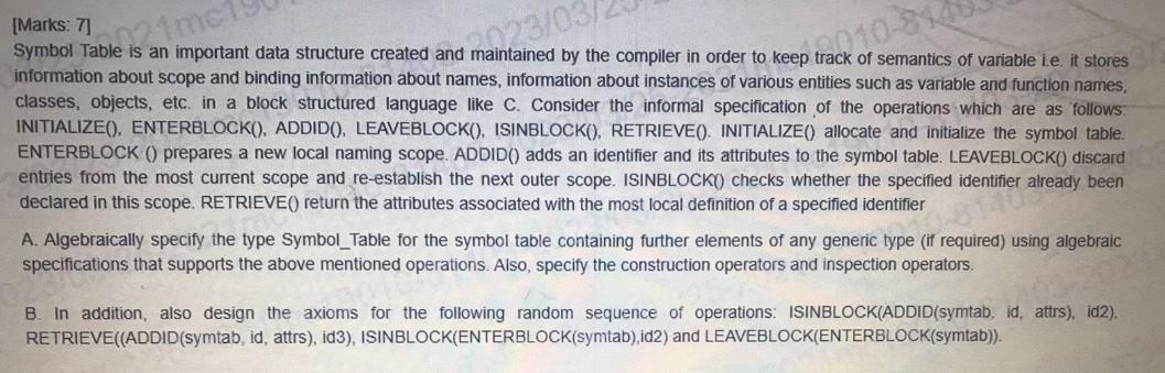 Solved Symbol Table is an important data structure created | Chegg.com