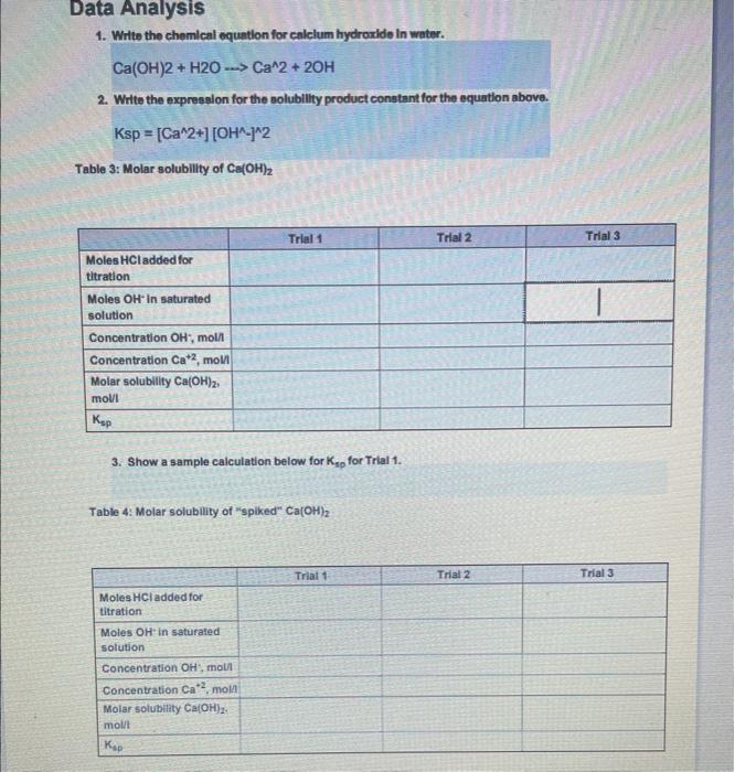 Solved Lab 8: Molar Solubility Data Table 1: Titration of | Chegg.com