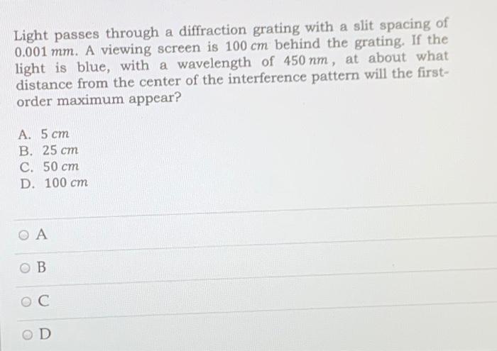 Solved Light passes through a diffraction grating with a | Chegg.com