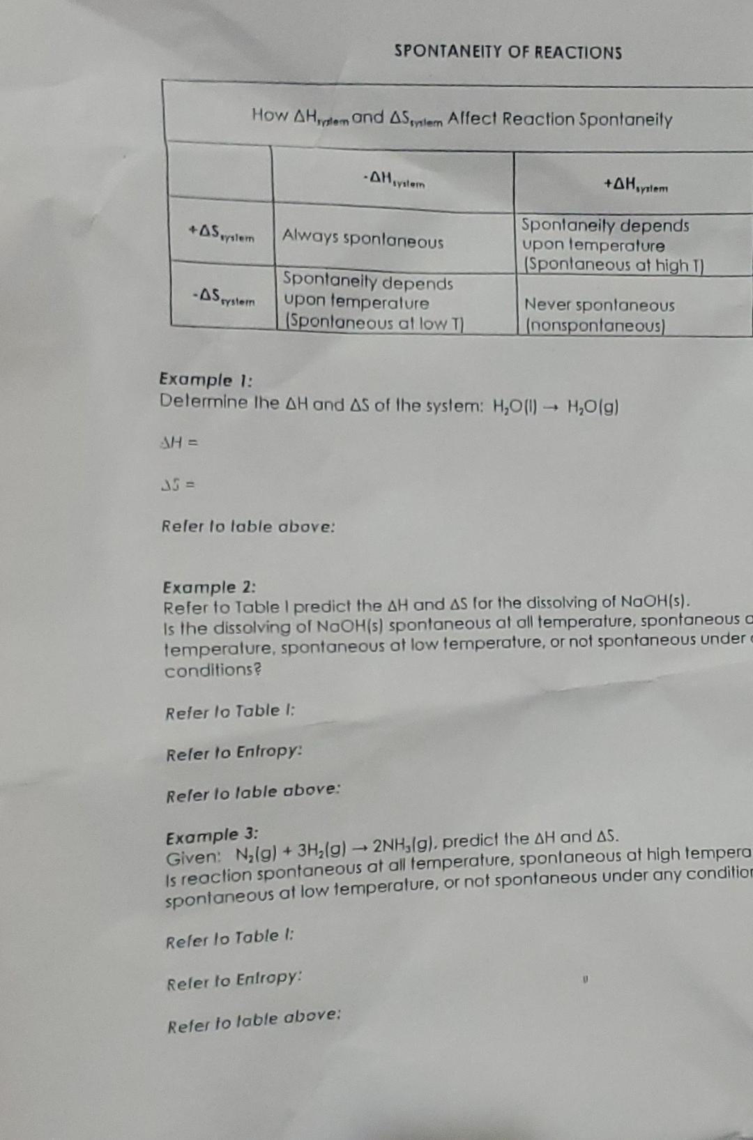 SPONTANEITY OF REACIIONS How H, nnd ∧C Example 1: | Chegg.com