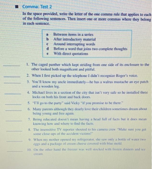 Comma: Test 2 In the space provided, write the letter | Chegg.com