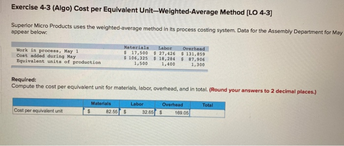 Solved Exercise 4-3 (Algo) Cost per Equivalent | Chegg.com