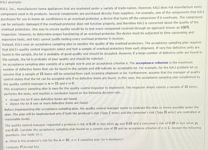 Solved ALI example: KALI, Inc., manufactures home appliances | Chegg.com