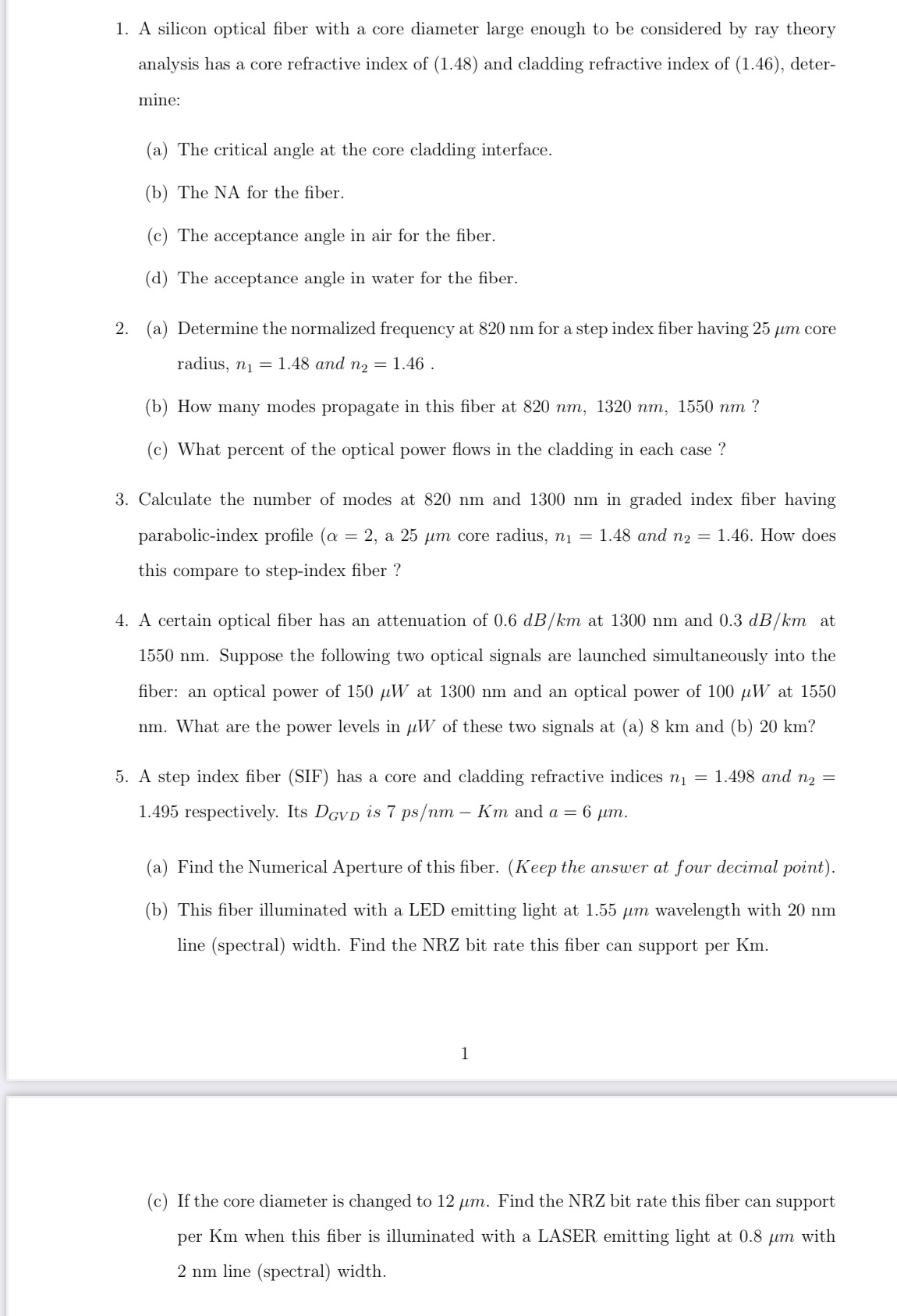 Solved A silicon optical fiber with a core diameter large | Chegg.com