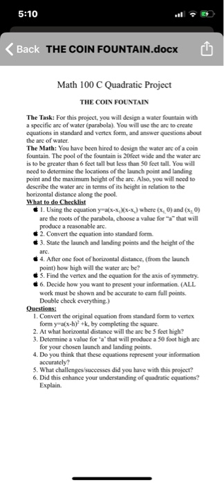Solved 5:10 Back THE COIN FOUNTAIN.docx Math 100 C Quadratic | Chegg.com