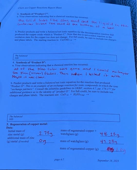 Solved Chem 201 Copper Reactions Report Sheet 3. Synthesis | Chegg.com