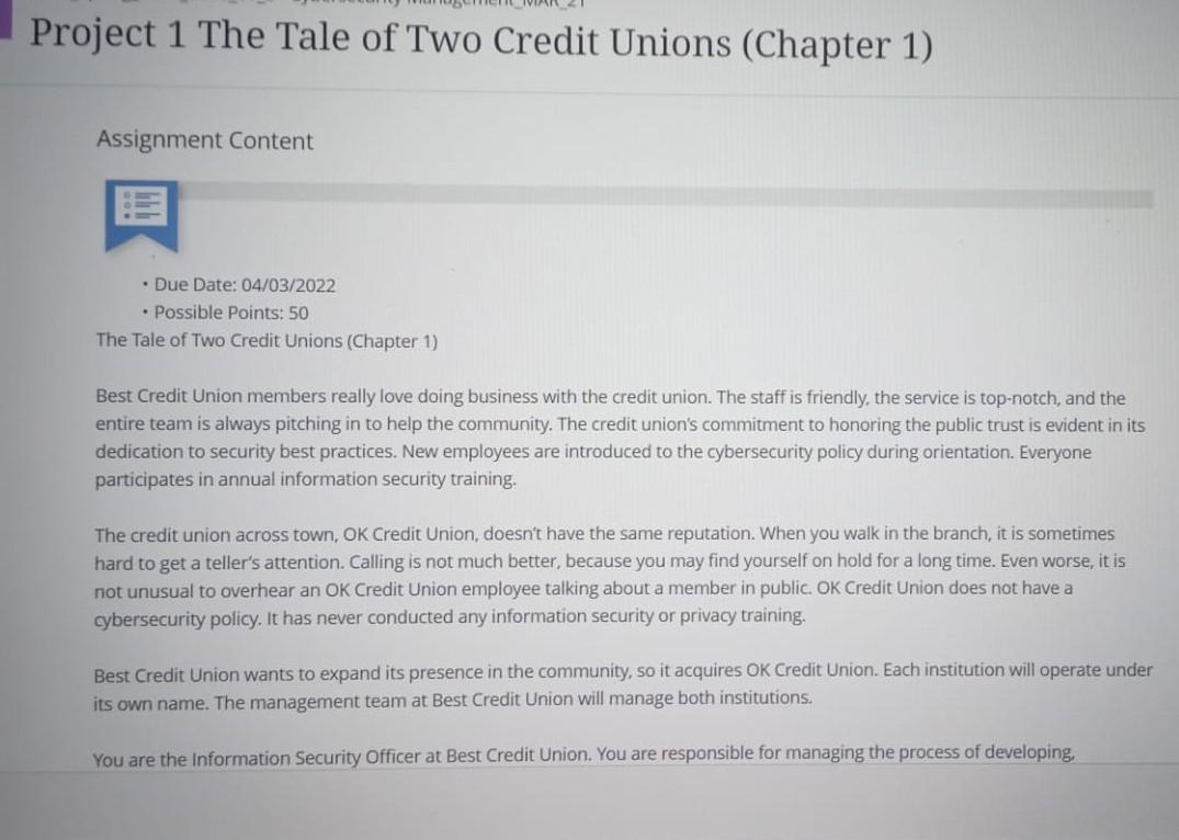 Solved Project 1 The Tale of Two Credit Unions (Chapter 1) | Chegg.com