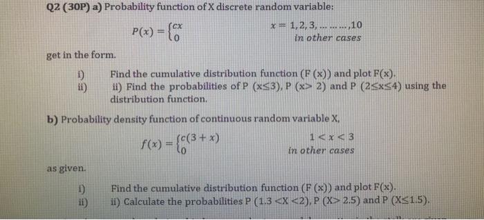Solved P(x) = { Q2 (30P) a) Probability function of X | Chegg.com