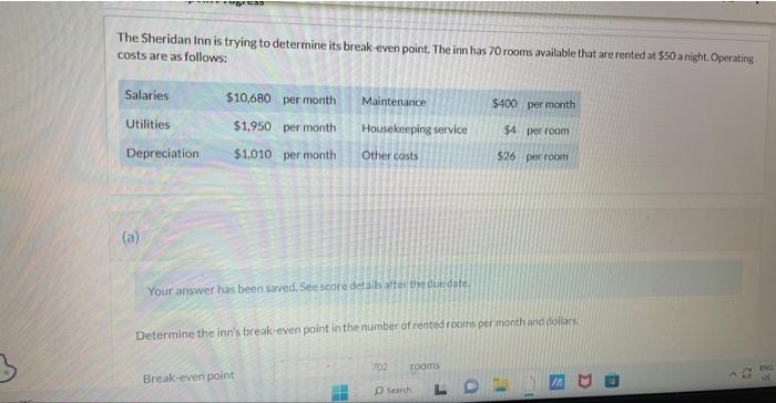 Solved The Sheridan Inn is trying to determine its break | Chegg.com