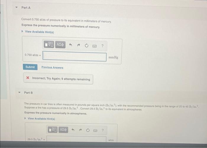 Solved Convert 0,750 atm of pressure to its equivalent in | Chegg.com