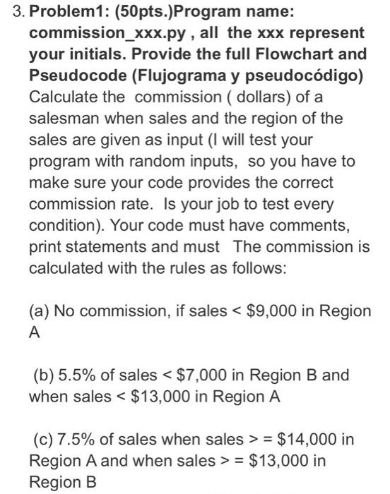 Solved 3. Problem1: (50pts.)Program name: commission_xxx.py, | Chegg.com