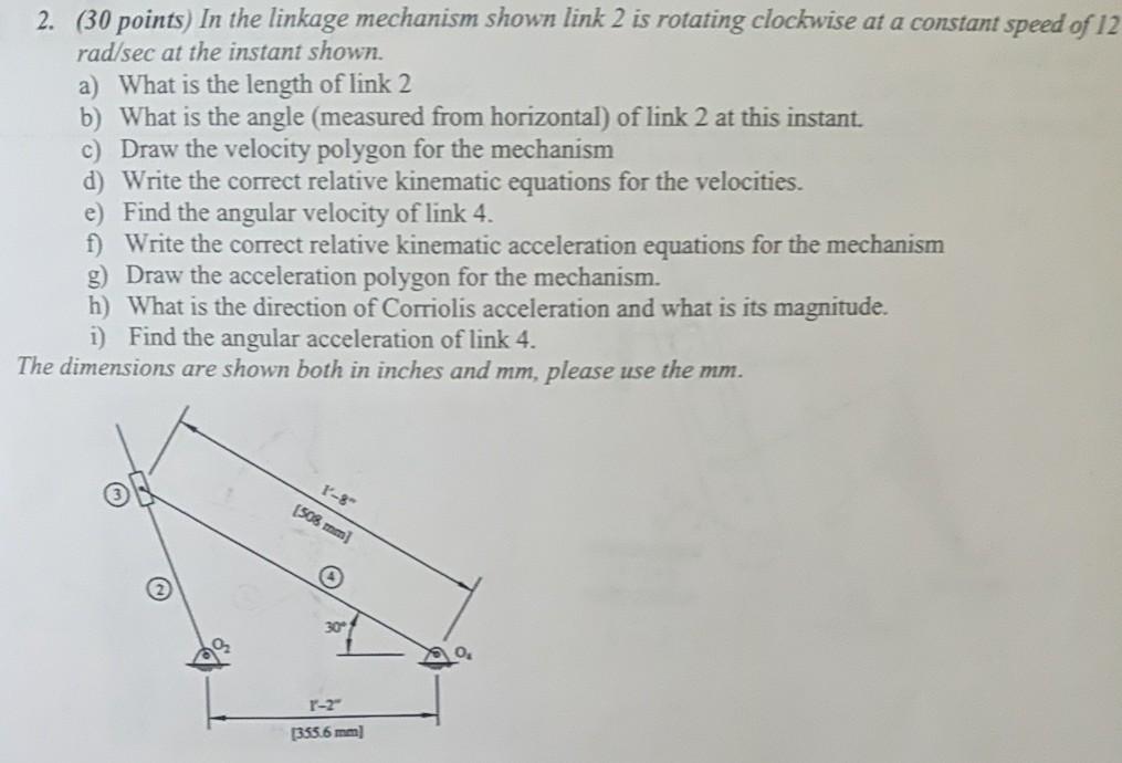 Solved 2. (30 points) In the linkage mechanism shown link 2 | Chegg.com