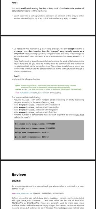Part 1: You must modify each sorting function to | Chegg.com
