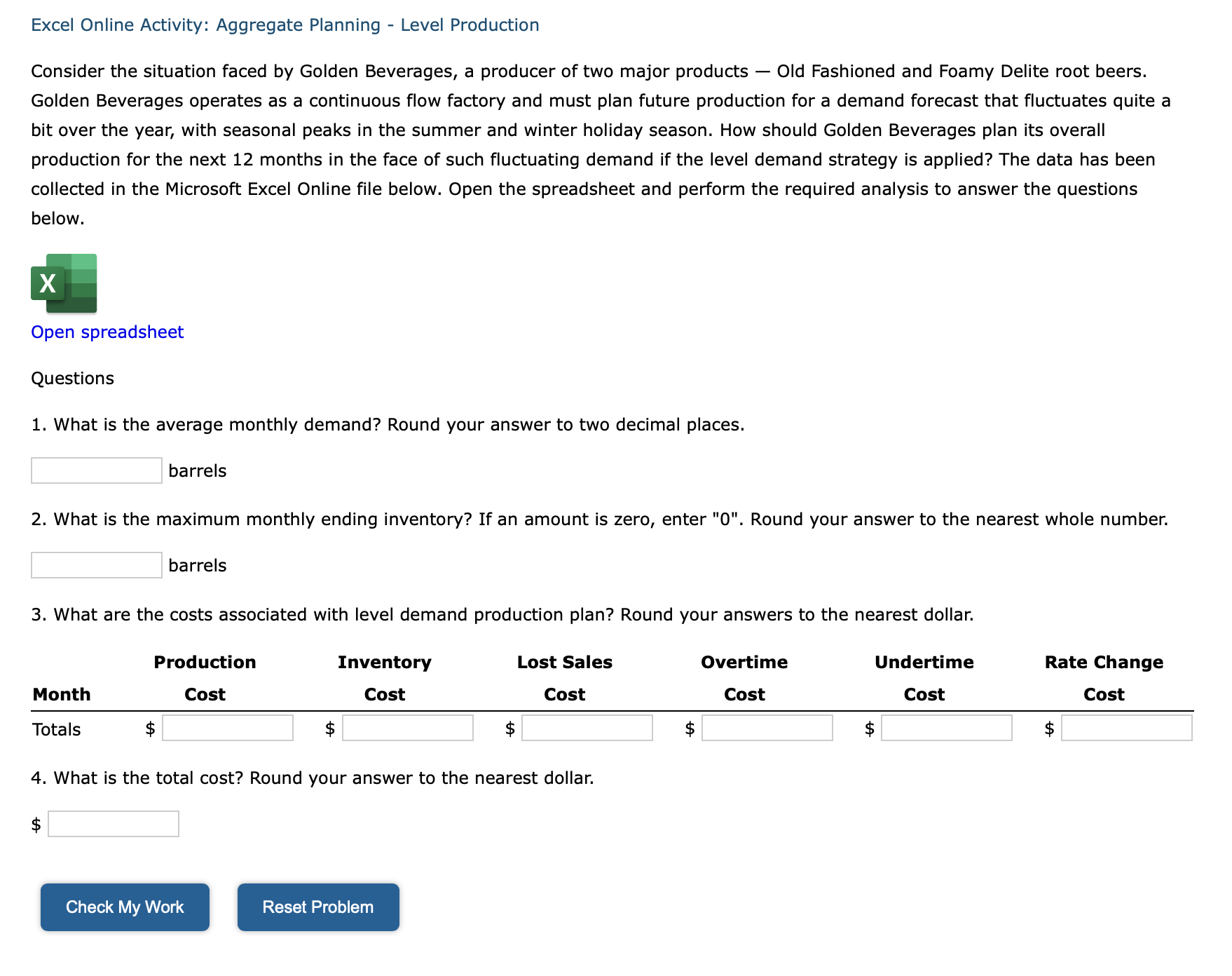 Solved Excel Online Activity: Aggregate Planning - ﻿Level | Chegg.com