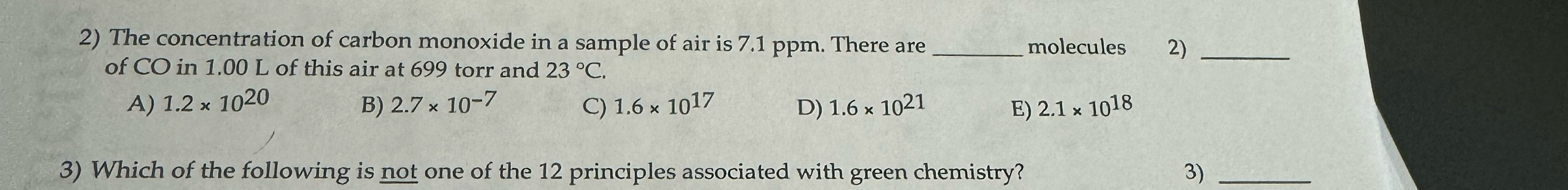 Solved The concentration of carbon monoxide in a sample of | Chegg.com