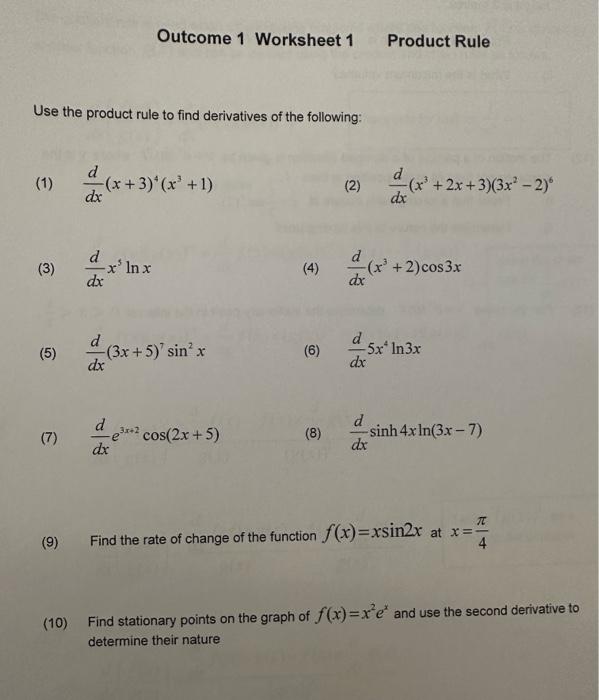 Solved Outcome 1 Worksheet 1 Product Rule Use the product | Chegg.com