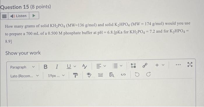 Solved How many grams of solid KH2PO4(MW=136 g/mol) and | Chegg.com