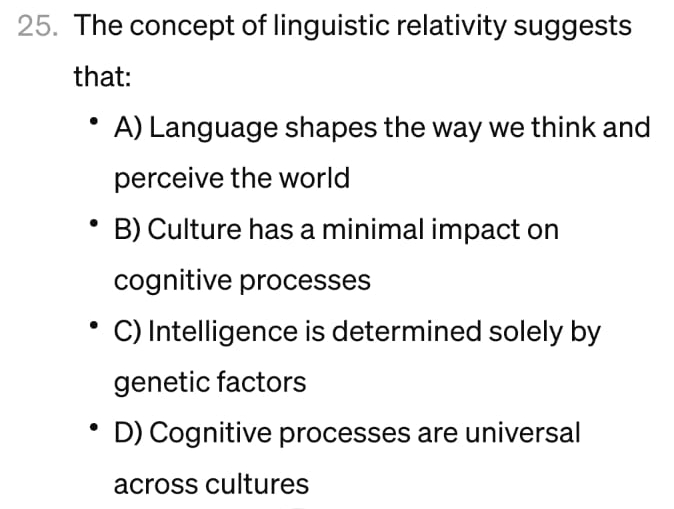 Solved The concept of linguistic relativity suggests that:A) | Chegg.com