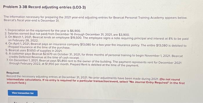 Solved Problem 3-3B Record adjusting entries (LO3-3) The | Chegg.com