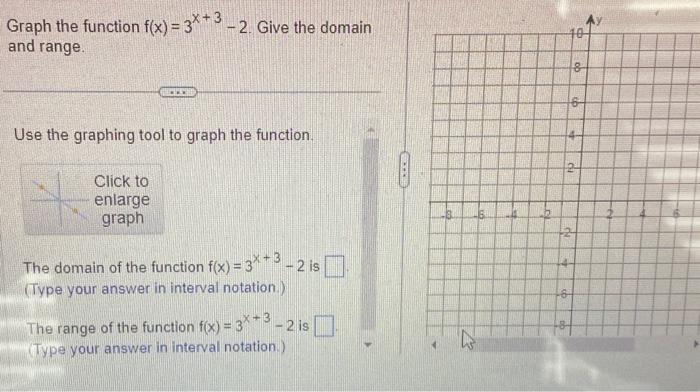 Solved Graph the function f(x)=3x+3−2. Give the domain and | Chegg.com