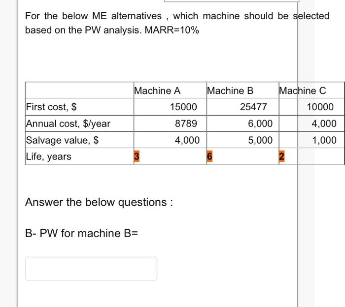 Solved For the below ME alternatives, which machine should | Chegg.com