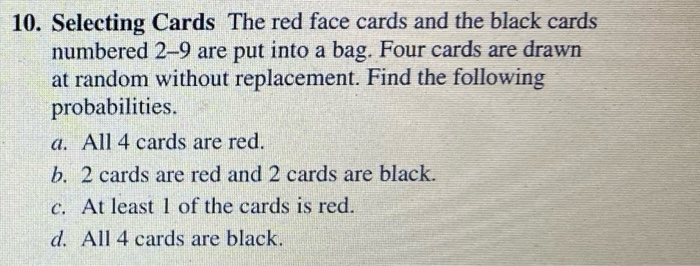 Solved 10. Selecting Cards The red face cards and the black | Chegg.com