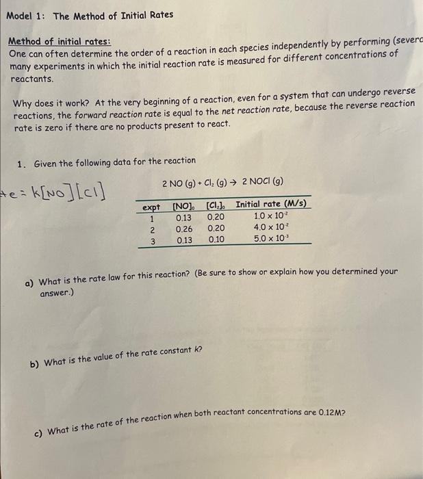 Solved Model 1 The Method Of Initial Rates Method Of
