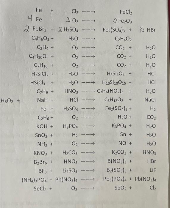 Solved H8O2 + Fe + 4 Fe 2 FeBr3 + 3 H₂SO4 C4H6O3 + C₂H4 + | Chegg.com