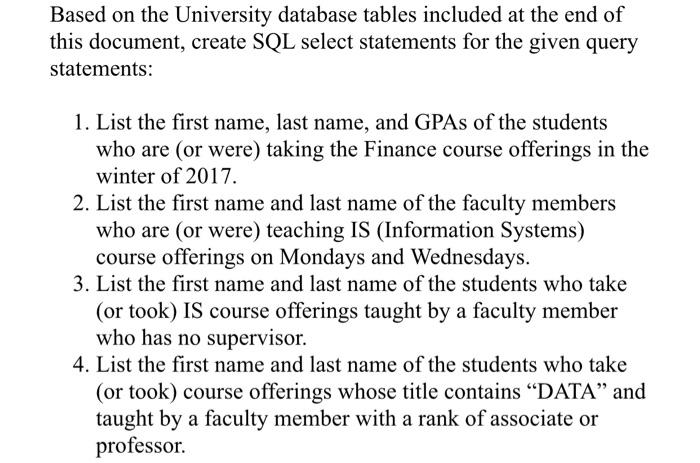 Solved Based on the University database tables included at | Chegg.com