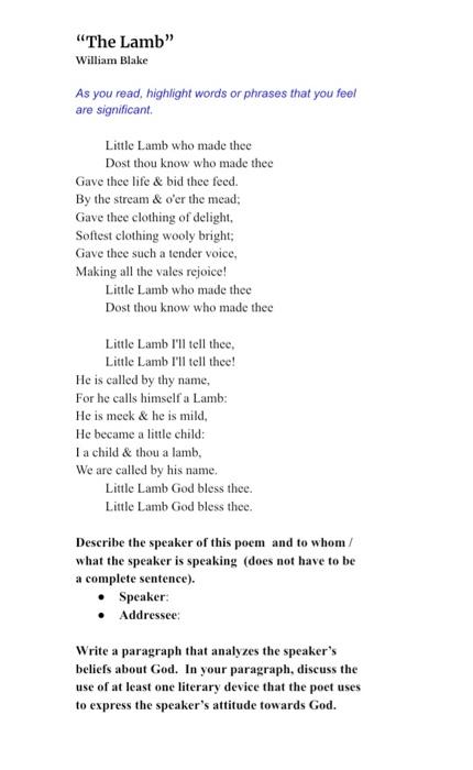 "The Lamb" William Blake As you read, highlight words | Chegg.com