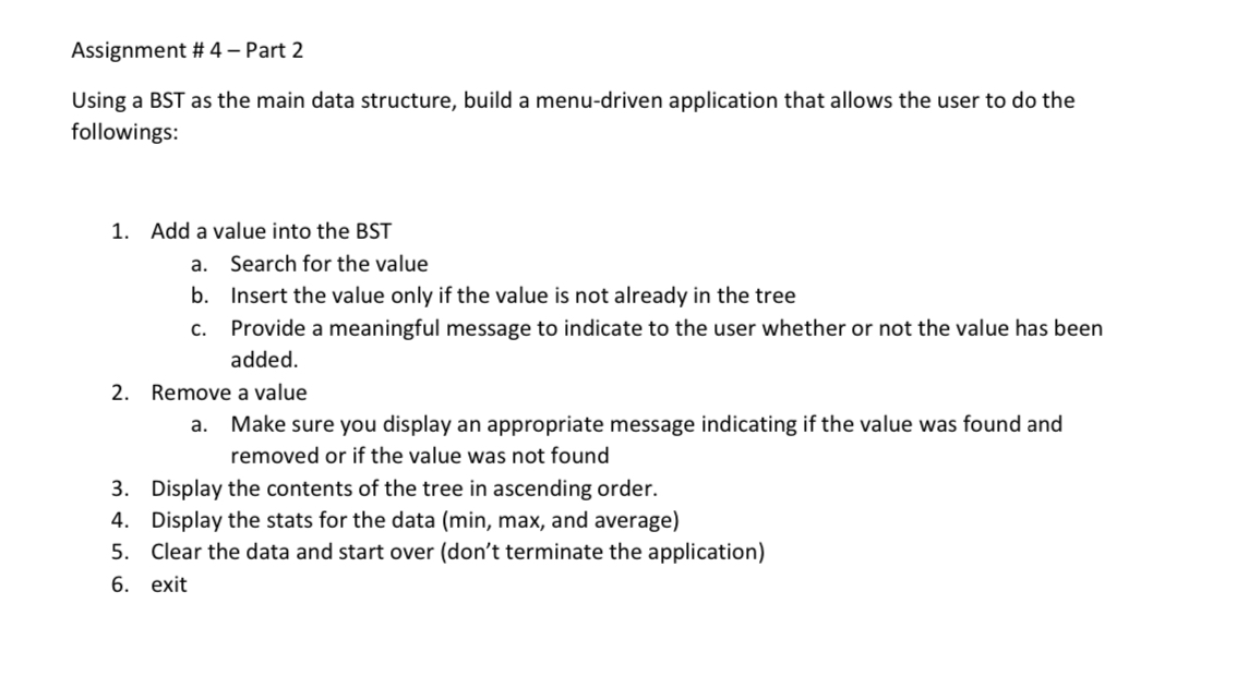 Solved Assignment # 4 - ﻿Part 2Using a BST as the main data | Chegg.com