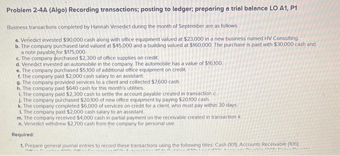Solved Problem 2-4A (Algo) Recording transactions; posting | Chegg.com